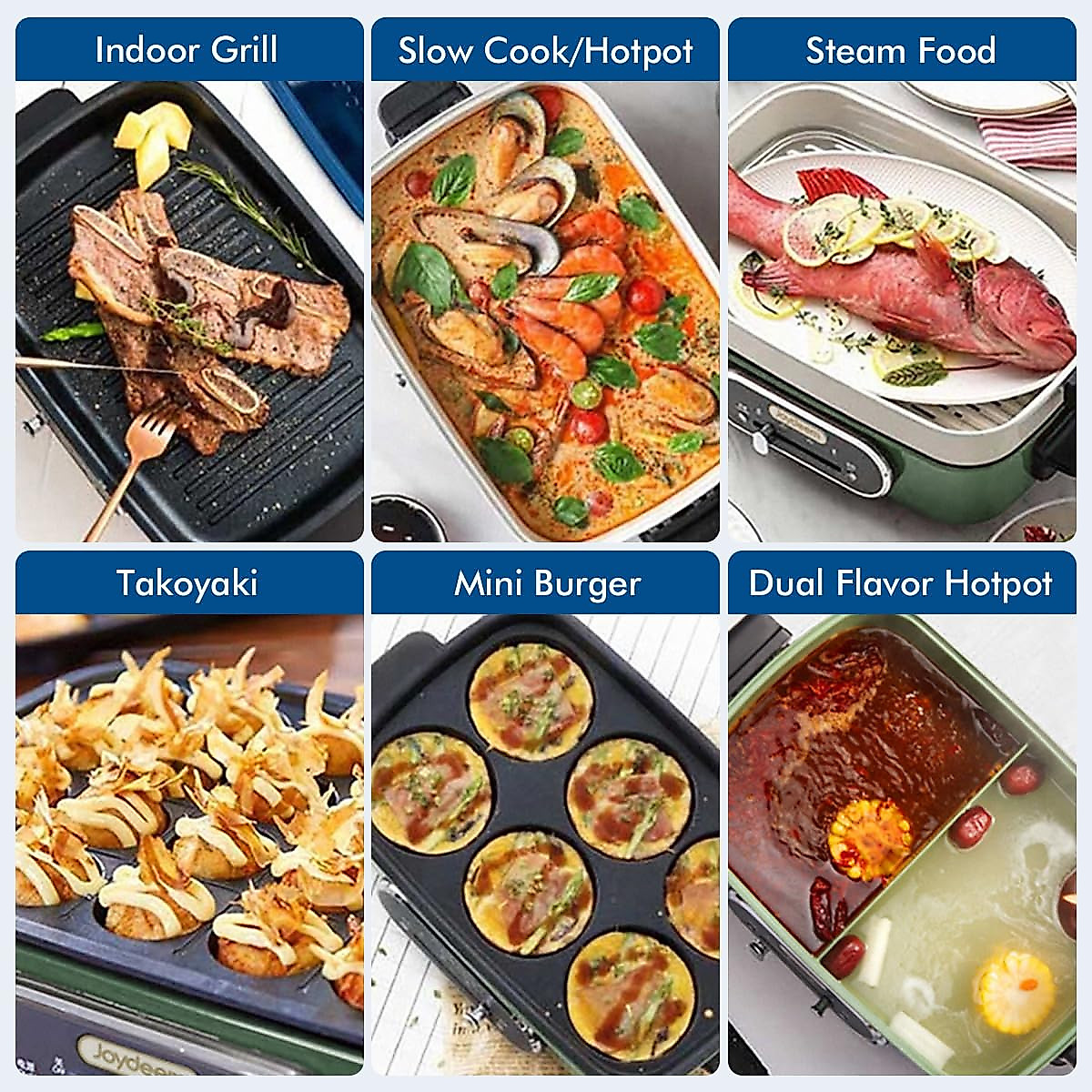 Joydeem 3-in-1 Electric Hot Pot, Multi-use Shabu Shabu Pot with Grill Pan & Steamer, UL Listed, Non-stick Ceramic Oil Coating, 4.5L, JD-HG9088G, Green