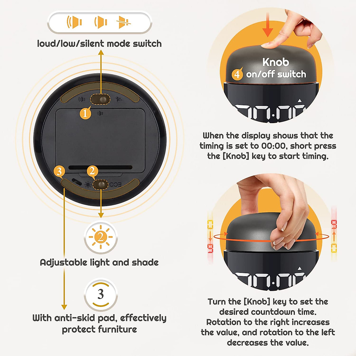 PINGKO Digital Kitchen Timer for Cooking - Visual Countdown Alarm Timers Small with Battery Loud Sound Large LED Display - Cute Baking Timers for Oven Food Classroom Desk Home Office Reading Bedroom