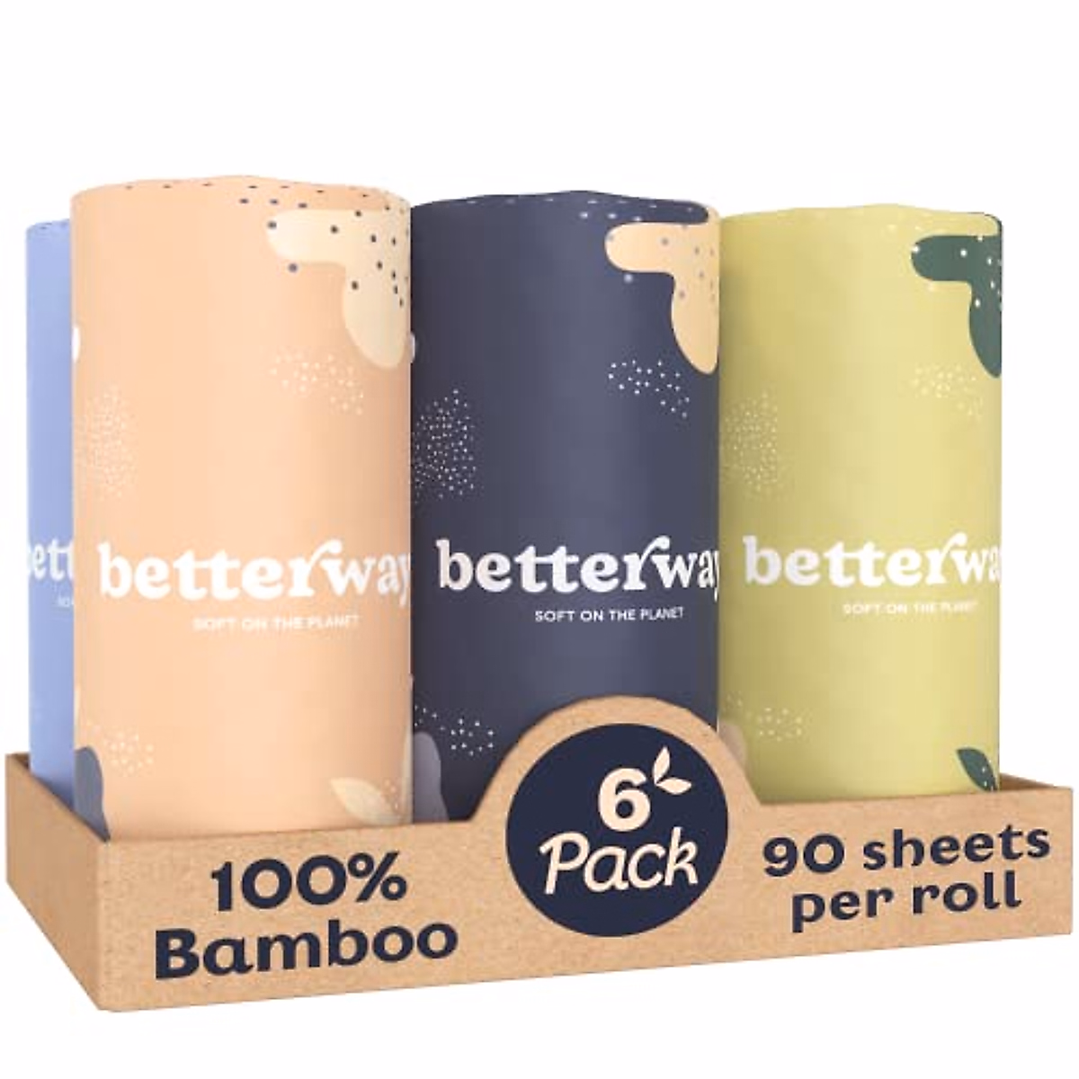 Betterway Bamboo Paper Towels - 6 Rolls, 2 Ply - Plastic Free, Disposable Kitchen Paper Towels - Select Size, Tree Free, Compostable, Strong & Absorbent - Sustainable Product w/Eco Friendly Packaging