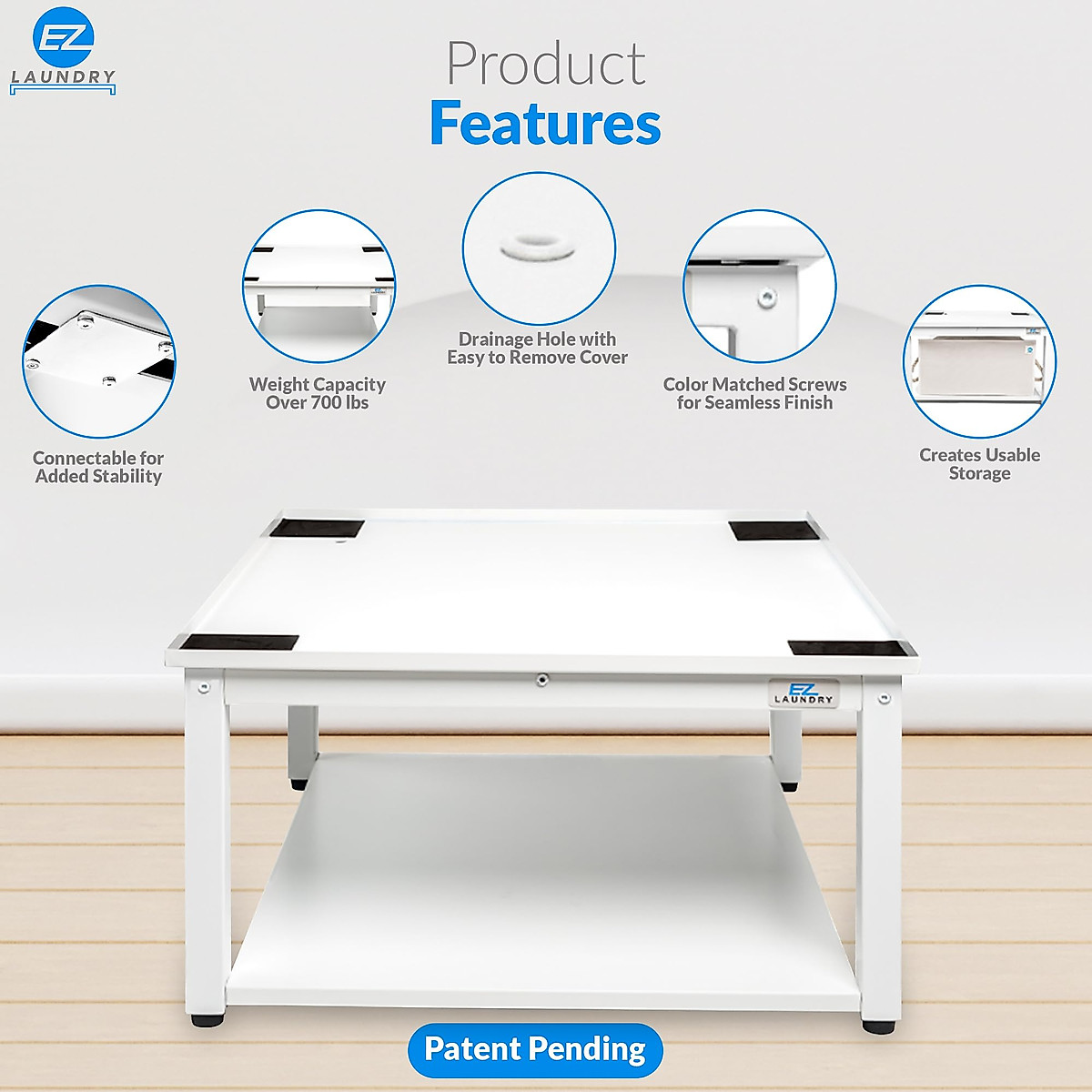 EZ Laundry | Upgraded 29” Universal Laundry Pedestal – 700lbs Capacity, Raises 16” with Built-in Drain Pan + Hose, Adjustable Feet, Anti-Vibration, Steel & Storage Shelf for Washer & Dryer (White)