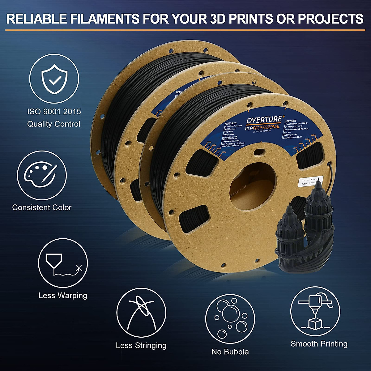 OVERTURE PLA Plus (PLA+) Filament 1.75mm PLA Professional Toughness Enhanced PLA Roll, Cardboard Spool, Premium PLA 1kg(2.2lbs), Dimensional Accuracy 99% Probability +/- 0.03mm (Black,2-Pack)