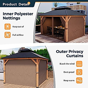 HAPPATIO 11' × 13' Wood Gazebo, Outdoor Hardtop Gazebo with Mosquito Netting and Curtains, Double Metal Roof Patio Gazebo Hard Top Gazebo for Garden, Patio, Deck, Parties (Brown)