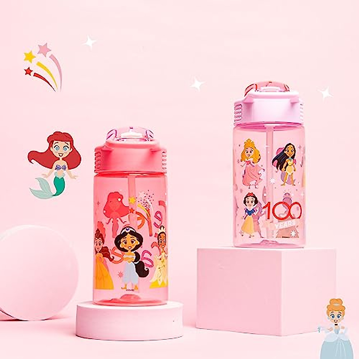 Zak Designs Kids Water Bottle For School or Travel, 16oz 2-Pack Durable Plastic Water Bottle With Straw, Handle, and Leak-Proof, Pop-Up Spout Cover (Disney 100 Princess, Limited Edition)