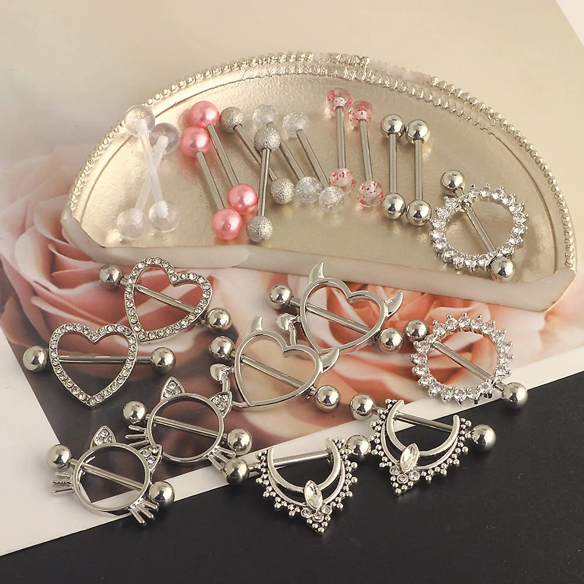 TIANCI FBYJS 11 Pairs Stainless Steel 14G Nipple Rings Nipplerings CZ Heart Tongue Shield Barbell Rings Retainer Body Piercing Jewelry for Women 9/16Inch