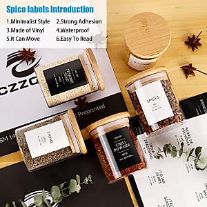 CZZGSM 12 Pcs Glass Spice Jars With 296 Spice Labels Preprinted of White and Black Color- 6oz Thicken(2.4mm) Spice Containers With Bamboo Airtight Lids - Empty Small Herb Seasoning Jars
