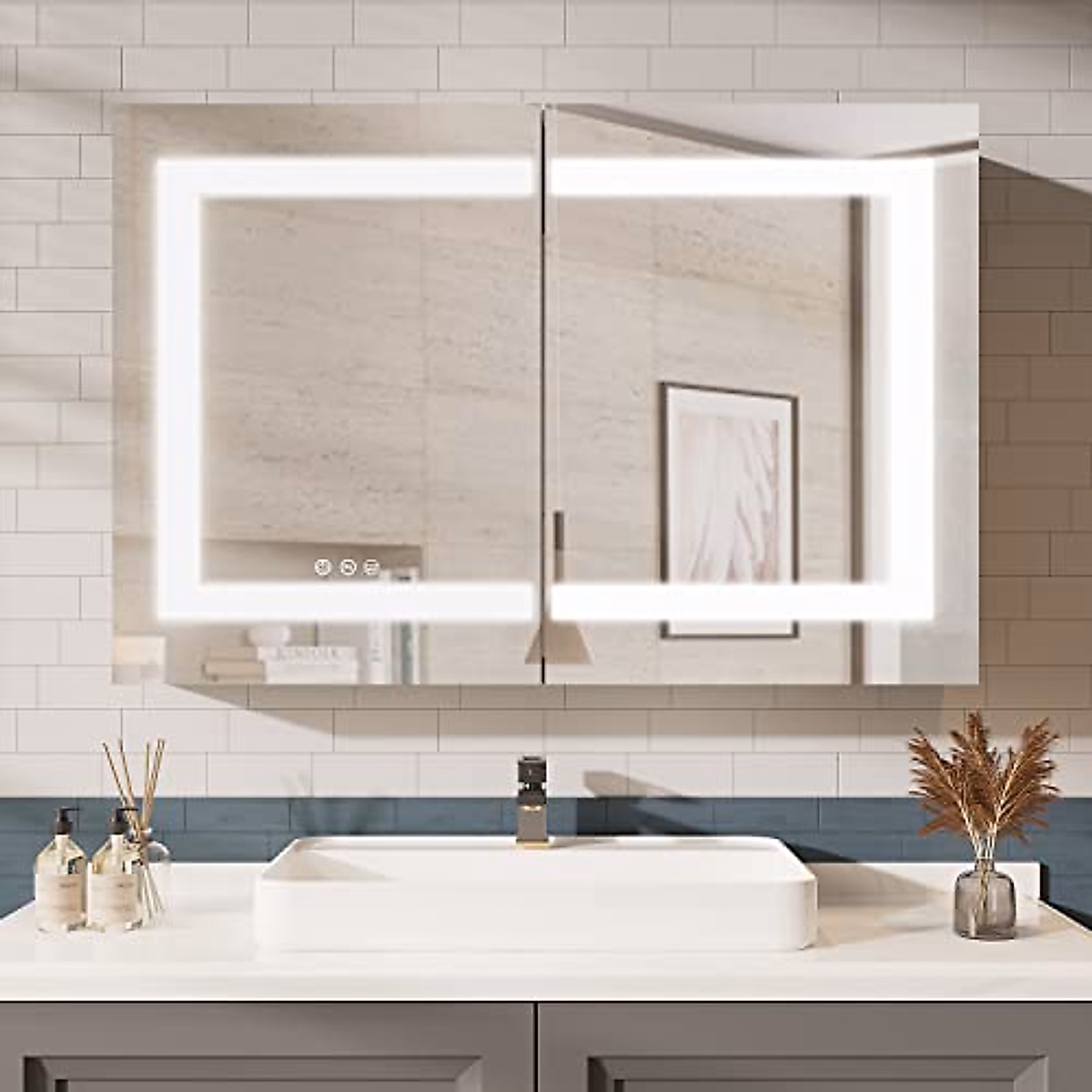 LIGMIRR Bathroom Medicine Cabinet with Lights, 36×24 Inch LED Medicine Cabinet with Mirror, Wall Cabinet with Shelves, Double Door Lighted Medicine Cabinet with Defogger, Dimmable, Wall Mount