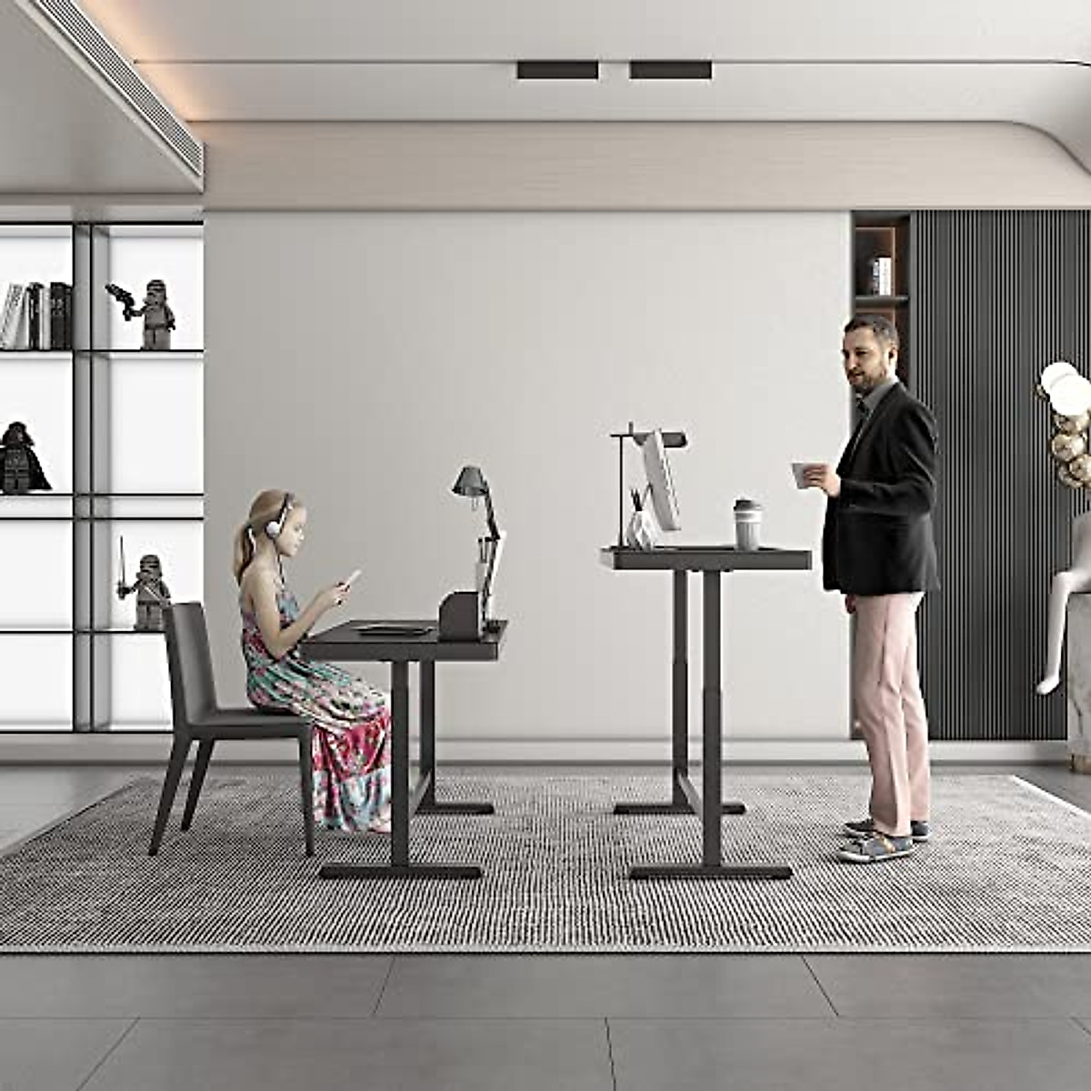 JAHRSTIM Jefferson Glass Standing Desk with Drawer, 48 x 24 Inches Modern Height Adjustable Desk Home Office Sit Stand Up Desk, Electric Motorized Uplift, Memory Control, Child Lock, Black