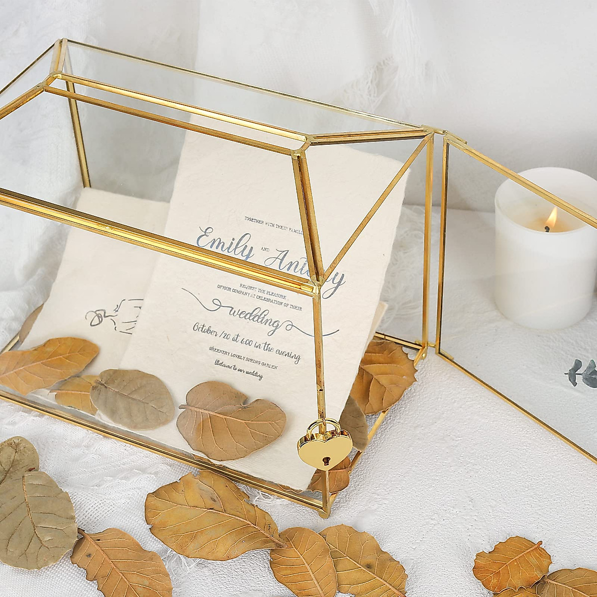 REDHUGO 10.2x5.9x7.9 in Medium Glass Card Box Handmade with Slot and Lock, Wedding Card Boxes for Reception, Graduation, Gift Cards, Party, Brass Geometric Terrarium, Golden Decorative Box