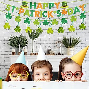 St.Patricks Day Decorations,1 Felt Shamrock Clover Garland+ 1 Happy St.Patricks Day Banner+8Pcs Hanging Swirls,St. Patrick 's Day Banner Decor perfect for Irish party supplies- Green and Light Green Color