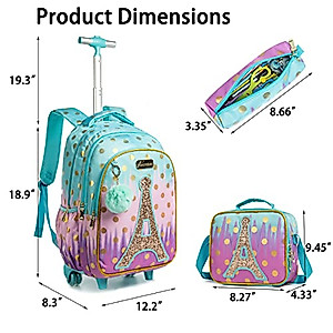 MOHCO Rolling Backpack 18 inch with Lunch Bag and Pencil Case Wheeled School Backpack for Boys and Girls