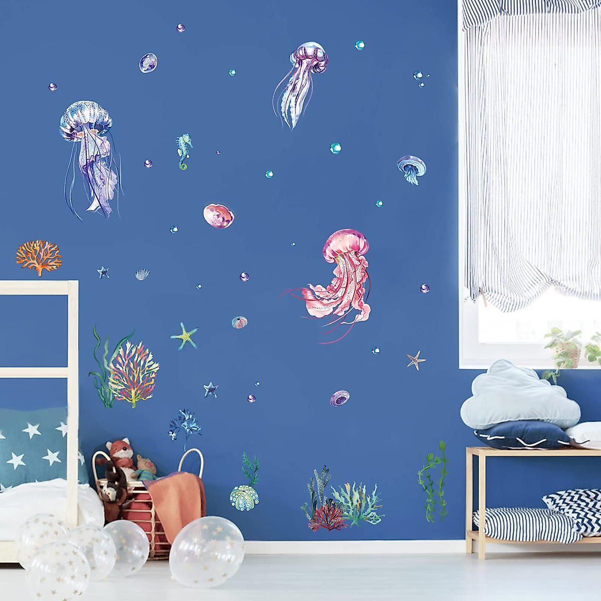 wondever Under The Sea Jellyfish Wall Stickers Ocean Seaweed Peel and Stick Wall Art Decals for Baby Nursery Kids Bedroom Bathroom