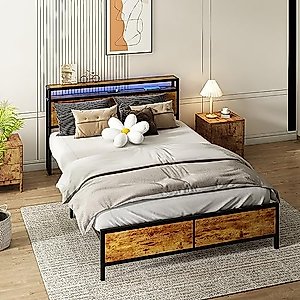 HoldoLife Queen Size Bed Frame with LED Lights and 2 USB Ports, Industrial Platform Bed with Storage Headboard, Non-Slip Noise Free Bed Frame, Rustic Brown, Easy Assembly (Queen)