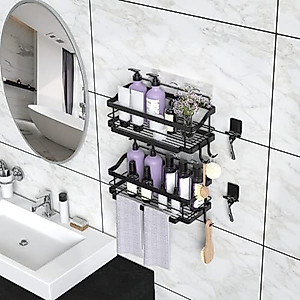 Sinminou Adhesive Shower Caddy With 5 Hooks & 2 Tower Hanger, Rustproof SUS304 Stainless Steel Shower Shelf Basket, Wall Mounted No Drilling Shower Organizer Shampoo Holder - 2 Pack (Black)