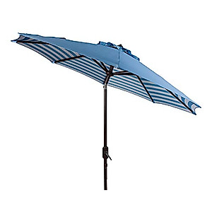 Safavieh PAT8007D Collection Athens Brown and White Inside Out Striped 9Ft Crank Outdoor Auto Tilt Umbrella