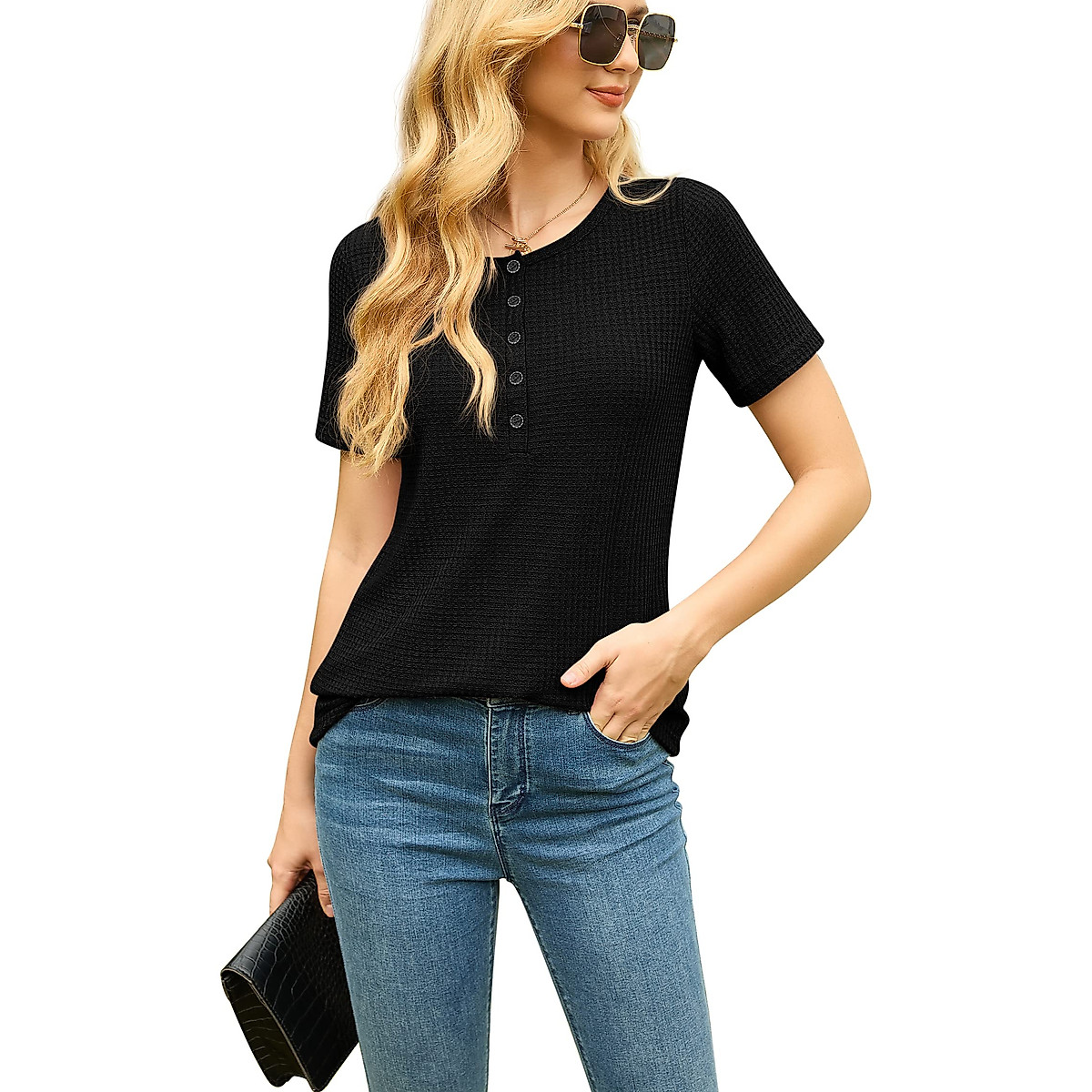 IWOLLENCE Womens Button Down Shirt Short Sleeve Henley Shirt Waffle Knit Tunic V Neck Tops Loose Fit Black Large