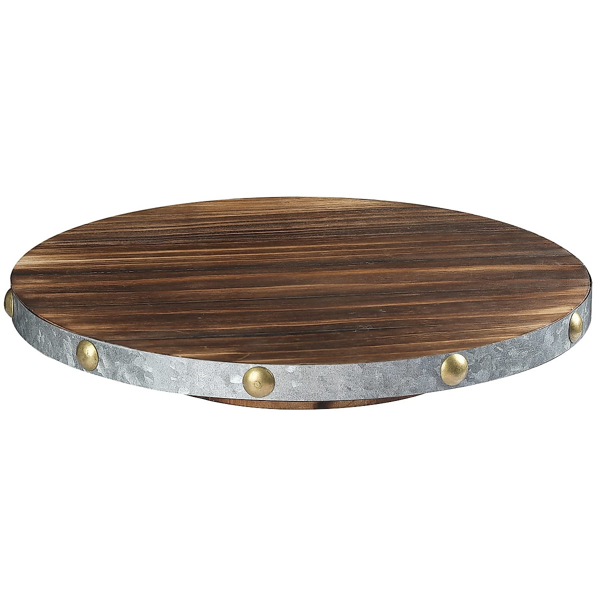 MyGift Round Rotating Serving Tray, Rustic Burnt Solid Wood and Galvanized Metal Lazy Susan Turntable with Brass Tone Studs