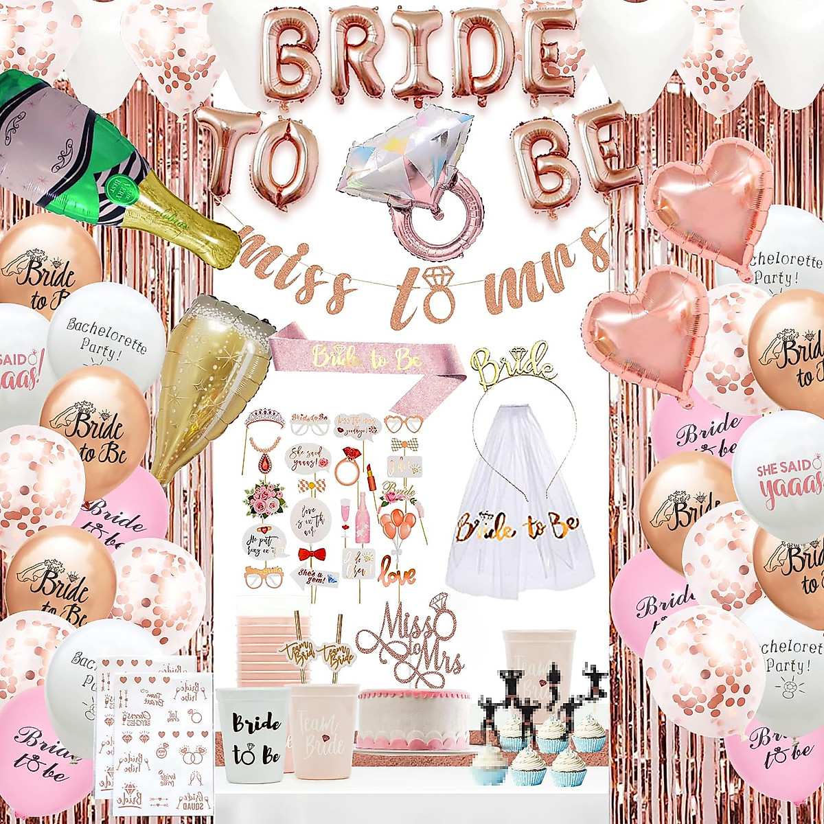 HIPEEWO Bachelorette Party Decorations, Bridal Shower Decorations Including Photo Props, Table Runner, Veil, Headband, Banner, Cups, Sash, Balloons, Topper, Sticker, Bride Bachelorette Party Supplies