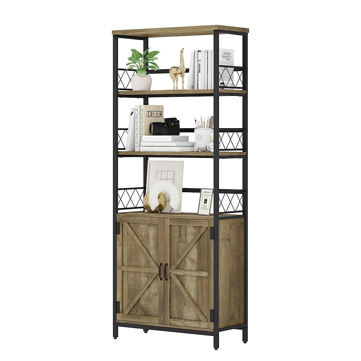 Aubtik Farmhouse Bookcase with Doors, Rustic Tall Book Shelf with Cabinet, Industrial Wood Metal Bookshelf with Storage for Home Office, Living Room, Classroom (Rustic Oak)
