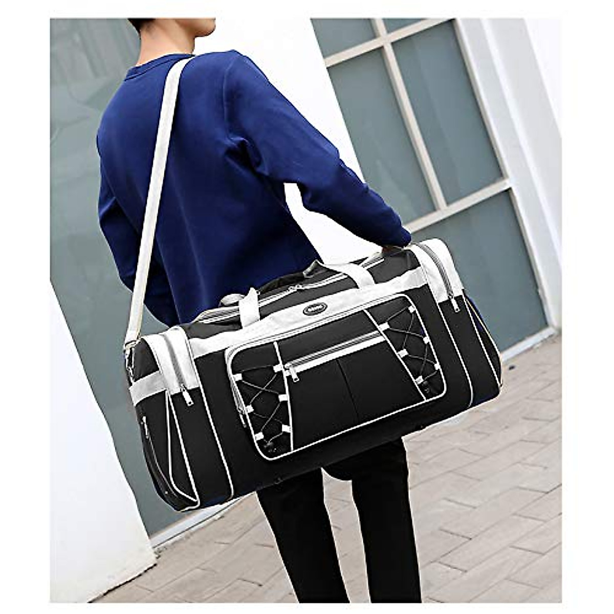 Travel Duffle Bags for Men Weekender Over Night Carry On Bag Lightweight Extra Large Oxford Duffel Gym Sturdy Luggage Water-Proof for Men & Women 26" (Blue Gold), Black White, X-Large