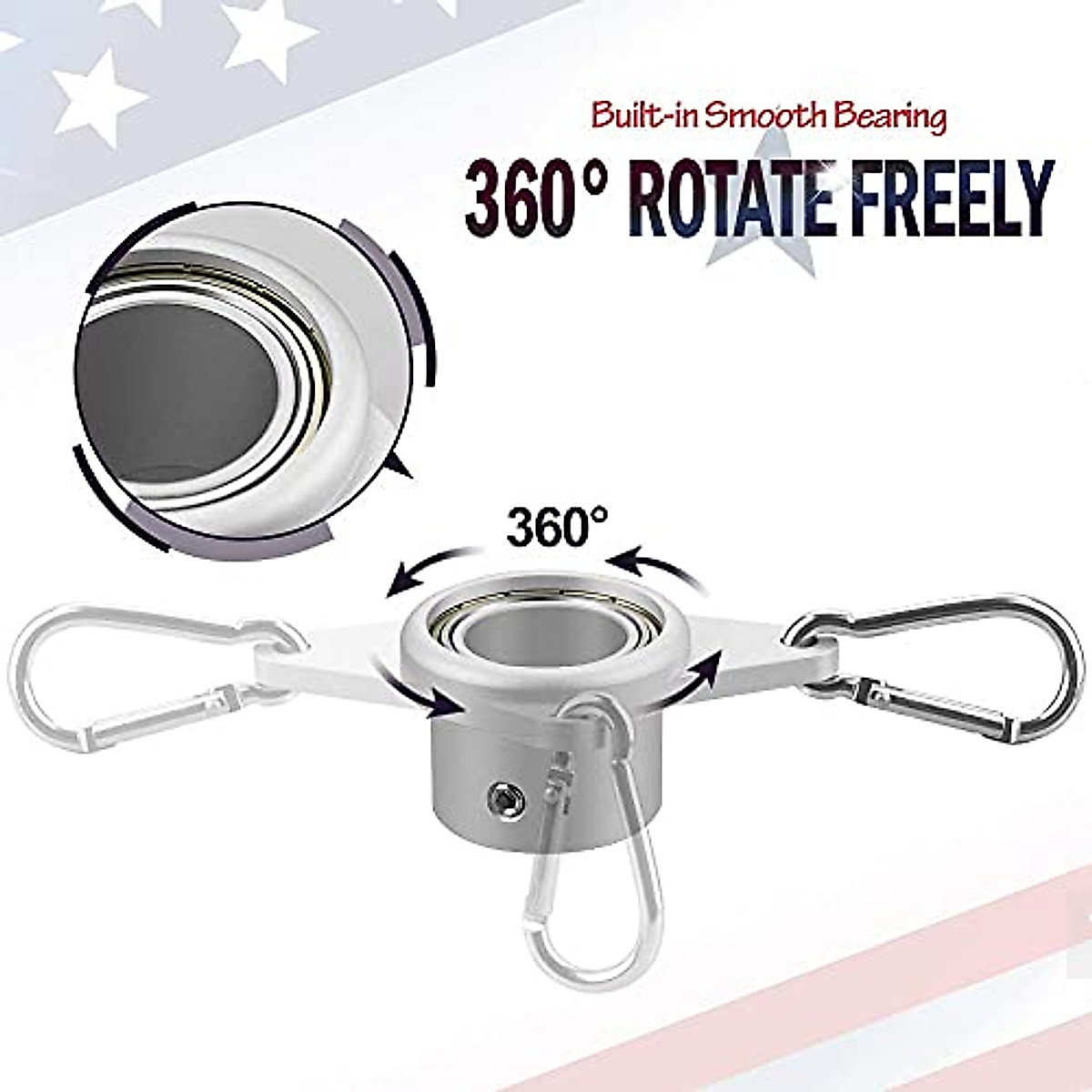 Loretoy Flagpole Ring Set with Bearings, Aluminum Alloy Flag Pole Rings, 360°Rotating Flag Mounting Ring, Spinning Flag Pole Clips Kit with Carabiner for 0.75-1.0 Inch Diameter Flagpole|Silver-2 Pack