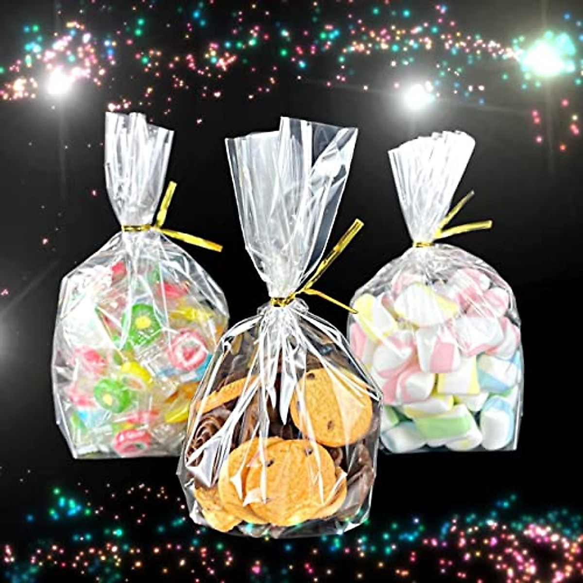 PigPotParty 6"x 9", 100Pcs Bottom Gusset Bags, Clear Plastic Cellophane Treat Goodie Bags with Twist Ties for Party Favor, Candy, Cookie, Popcorn, Dessert, Bakery, Small Gift Wrapping(No Side Gusset)