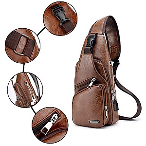 Men's Leather Sling Bag Multipurpose Daypack Shoulder Chest Crossbody Bag Black