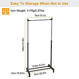 TeqHome Garment Racks 3.12ft-4.80ft Height Adjustable Clothes Stand,15kg/33lbs Foldable Clothes Hanger w/ Wheels Storage Shelf For Dormitory Home