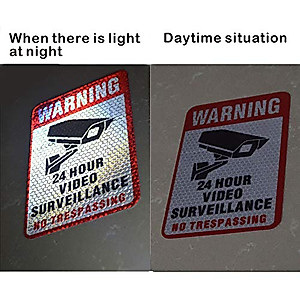 5 Pieces 24 Hours Video Recording Surveillance No Trespassing Sign Sticker. Self Adhesive 5.9 X 4 Inch, It Is Made of Reflective Film,Printed With UV Ink,Waterproof and Sunscreen, Not Fade.