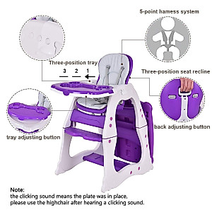 HONEY JOY 5 in 1 High Chair, Convertible Highchair for Babies and Toddlers/Table Chair Set/Booster Seat/Toddler Chair w/Safety Harness, Reclining Backrest, Double Food Tray (Purple)