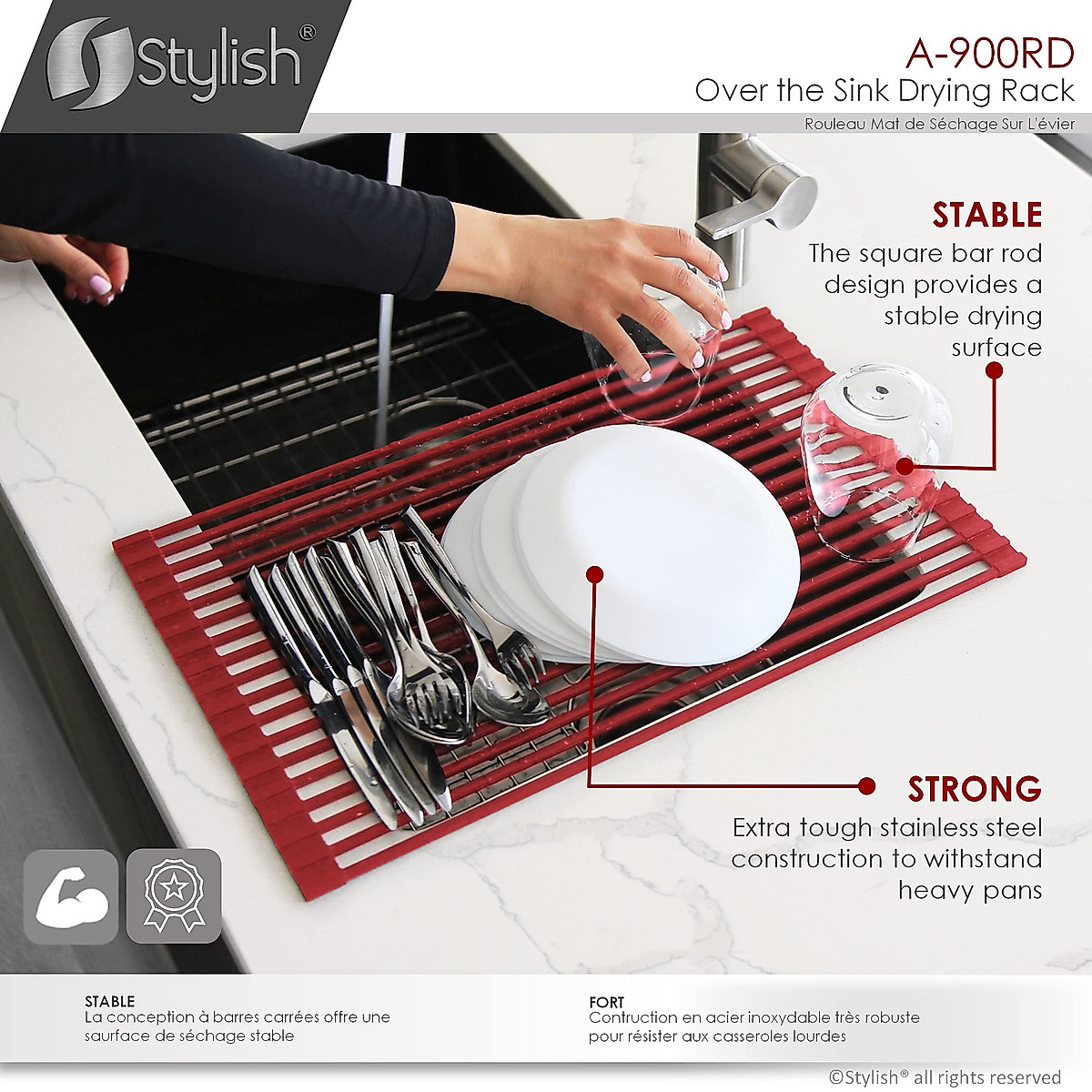 STYLISH Over The Sink Roll-Up Dish Drying Rack | Trivet | Heat Resistant | Drying Dishes and Rinsing Vegetables | Black | A-900BK