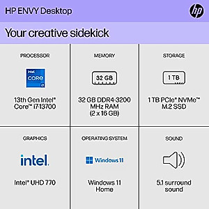 HP Envy Desktop PC, 13th Generation Intel Core i7-13700, 32 GB RAM, 1 TB SSD, Intel UHD Graphics 770, Windows 11 Home, TE01-4020 (2023)