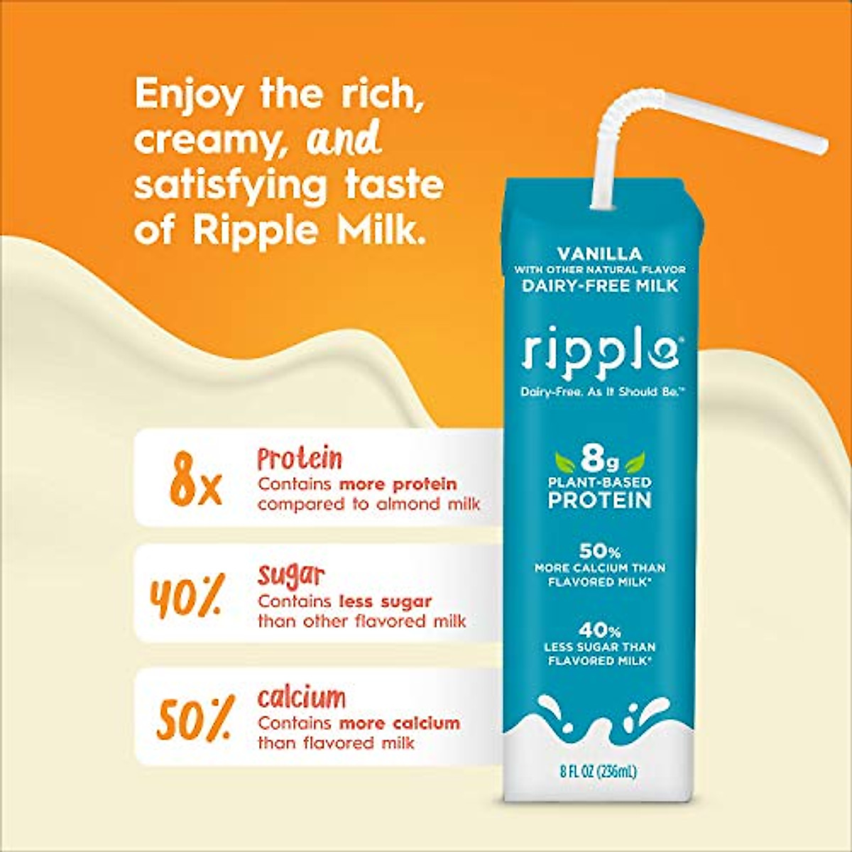 Ripple Vegan 8 oz Dairy-Free Milk, Vanilla (12 Pack) & Ripple Vegan 8 oz Dairy-Free Milk, Original (12 Pack) | 24 Pack