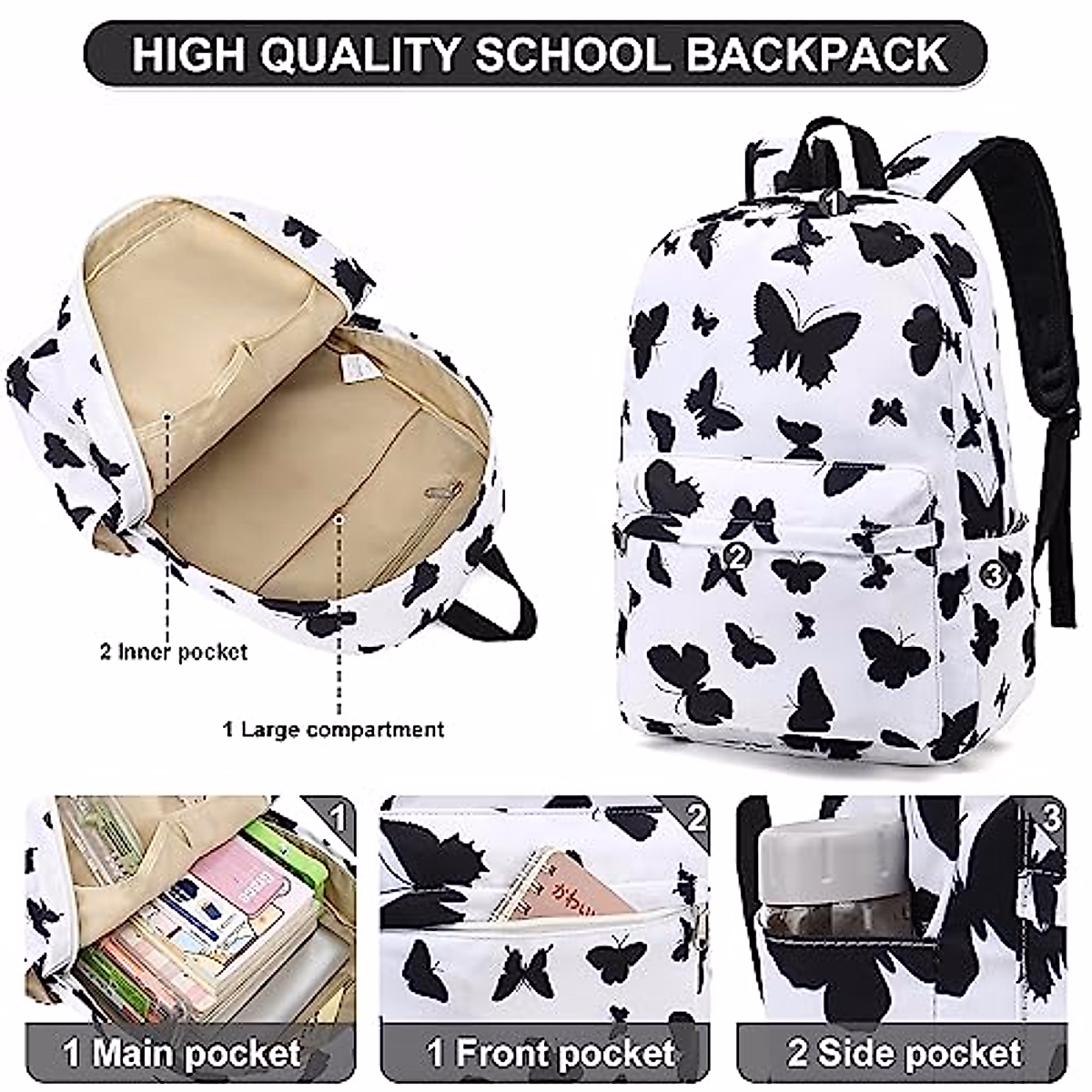 School Backpack for Teen Girls Women Laptop Backpack College Bookbags Middle School Travel Work Commuter Back Pack(Black Butterfly)
