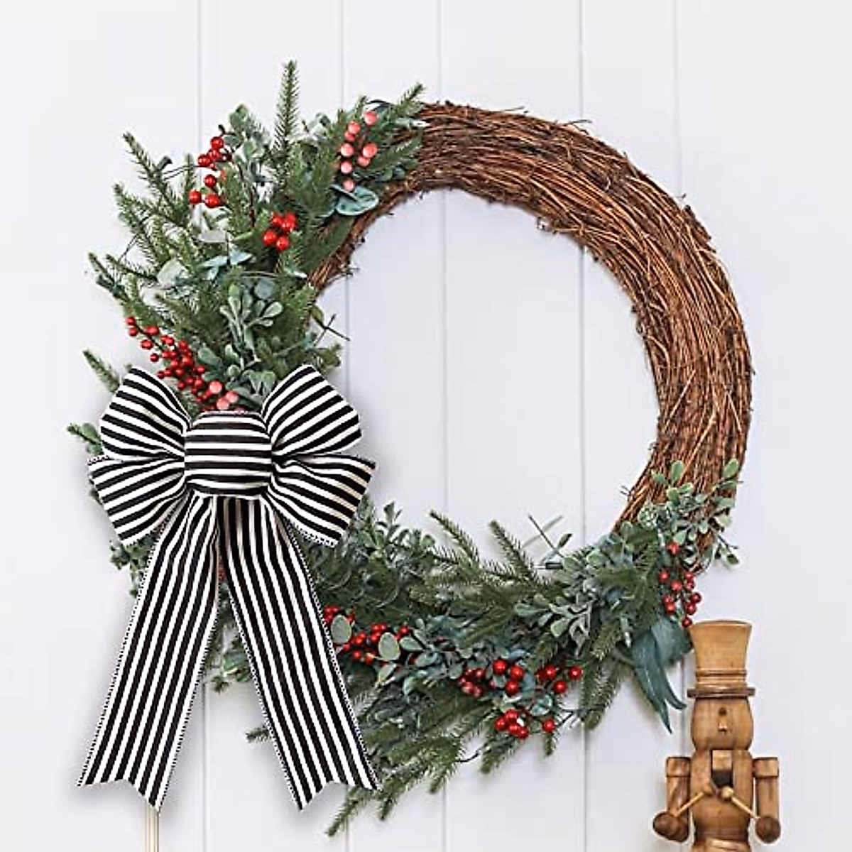 Cintago 6pcs Black and White Striped Bows for Wreath,8x12.5 Inches,Ticking Christmas Bows,Gift Bows,Holiday Bows for Craft