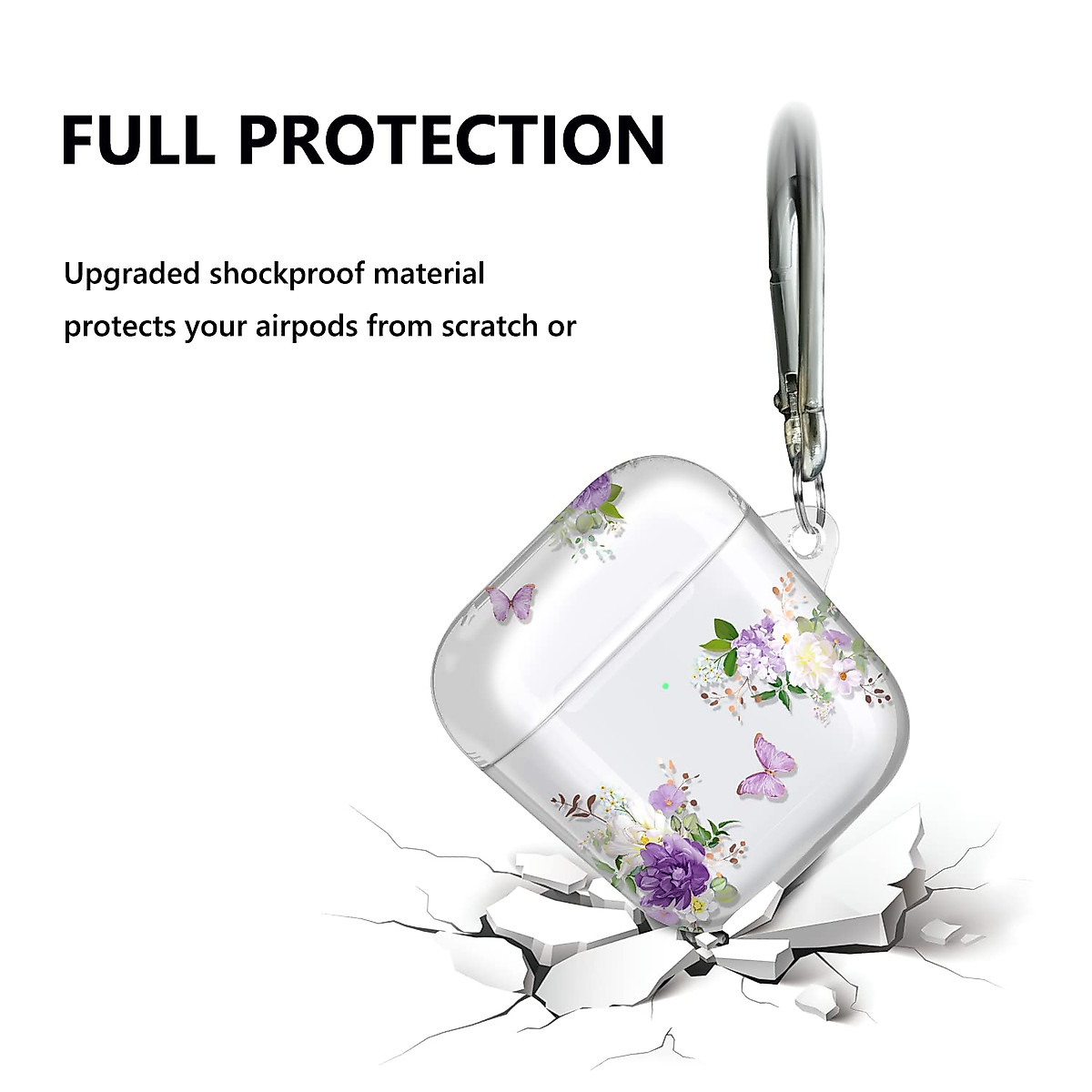 JIAXIUFEN AirPods Case Clear Cover Plated Glitter Flower Design Cute Protective Silicone TPU Skin Accessories for Women Girl with Keychain for AirPods 2 & 1 Charging Case, Purple Butterfly