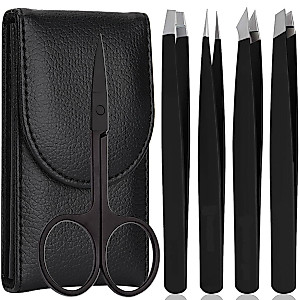 KINGMAS 5 Pcs Eyebrow Tweezers Set, Stainless Steel Brow Tweezer Scissors Set with Travel Case for Brow Facial/Ingrown Hair, Splinter (Black)