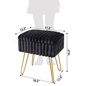 AKOZLIN Velvet Storage Ottoman Seat Modern Soft Vanity Stool Chair with 4 Gold Metal Legs for Makeup,Drawing,Living Room-Black 16.5" W x 13.4" D x 19.3" H