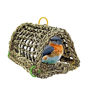 kathson Bird Sheltering Seagrass Tent Birds Hanging Hammock Parrot Natural Seagrass Tent Snuggle Hut Parakeet Cage Perch Stand Cockatiel Chewing Toy for Conure Lovebird Budgie African Grey
