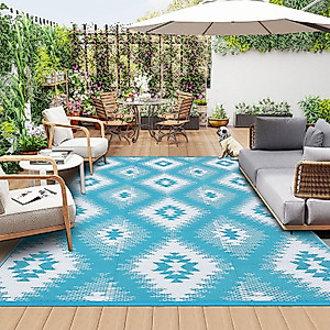 Ileading Reversible Outdoor Rug 4x6Ft Waterproof Patio Rug Carpet Portable Outdoor Plastic Straw Rug Large RV Camping Mat Rug for Patio, Clearance, Deck, Beach, Porch, Camping, Picnic, Gradual Teal