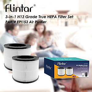Flintar EPI153 Replacement Filter, Compatible with MOOKA and KOIOS EPI153 EP1153 Air Purifier EPI-153, 3-in-1 H13 Grade True HEPA and Activated Carbon Filter, 2-Pack