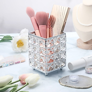 2 Packs Crystal Makeup Brush Holder Organizer Cosmetics Brushes Storage Cup Handcrafted Pen Pencil Holder Container, Square (Silver)