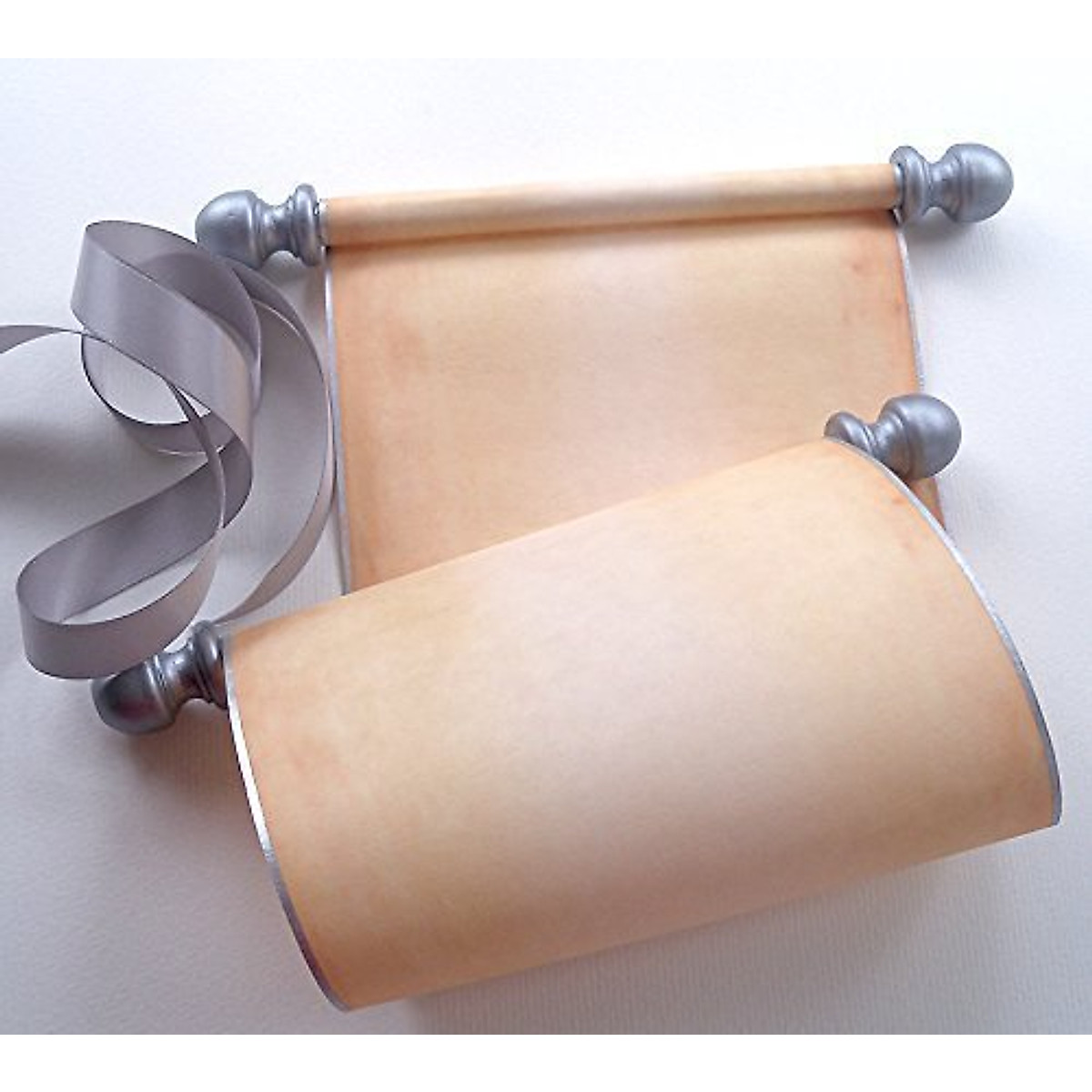 Blank scroll with silver accents, handwritten vows, calligraphy or prop, 5 inches wide aged parchment paper, boxed