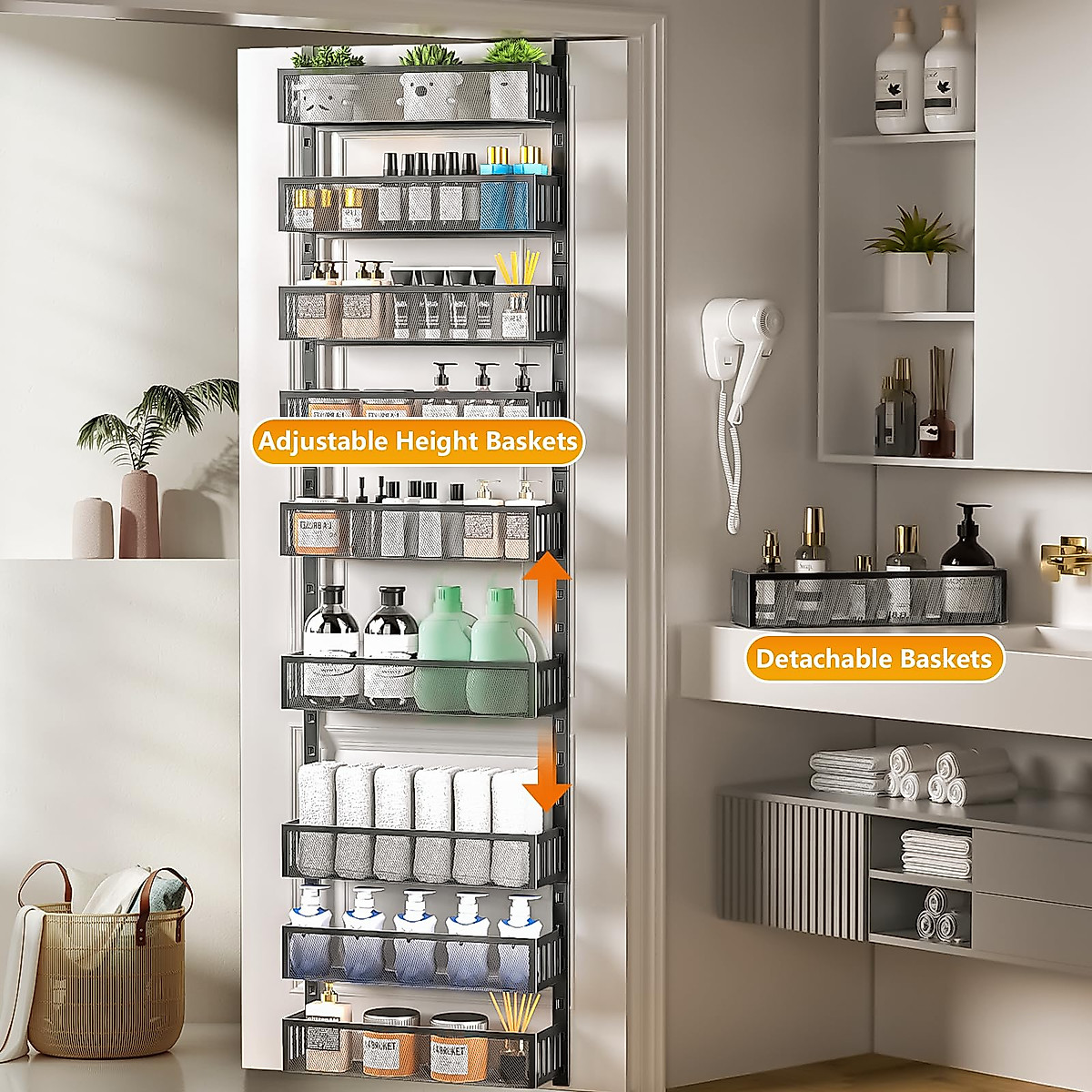 DAOTENGQL Over the Door Organizer Hanging with 10 tiers Mesh Baskets, Stable & Adjustable Pantry Spices Rack for Snacks Baby Essentials Toiletries Toys and Small Clothes, etc, Black, (SA005)