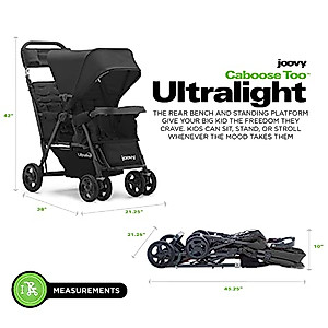 Joovy Caboose Too Ultralight Graphite Stand-On Double Stroller with Universal Car Seat Adapter, 3-Way Reclining Seats, Option to Use Rear Seat, Bench Seat, or Standing Platform