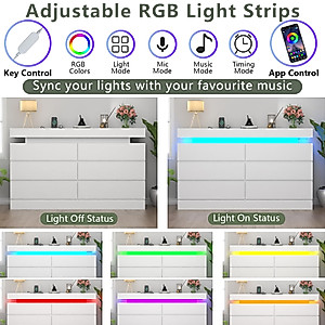 Gyfimoie 6 Drawer Dresser with Power Outlet, White Dresser with LED Light, Modern Chest of Drawers for Closet, Double Wide Drawer Organizer Cabinet for Bedroom, Living Room, Entryway, Hallway