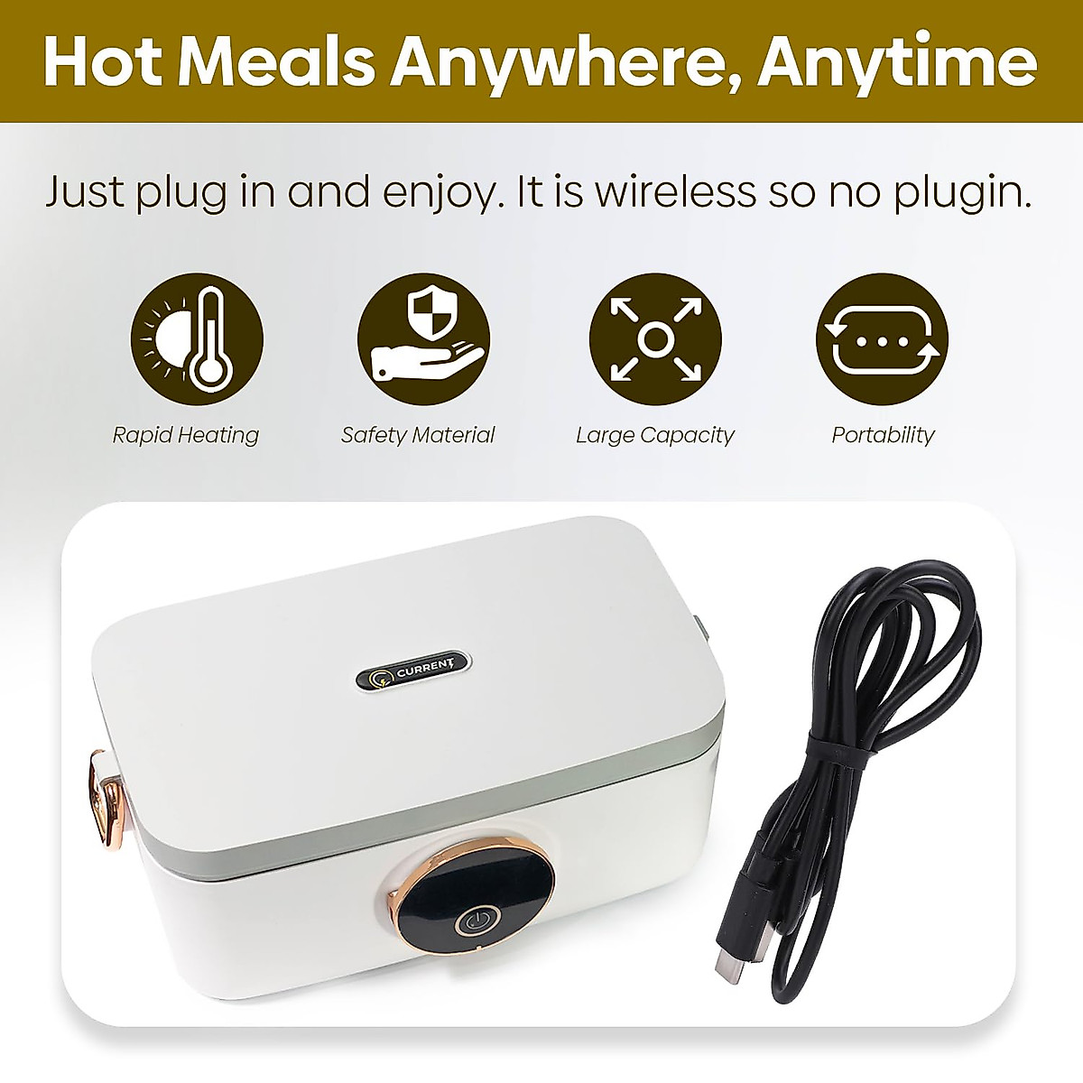 CURRENT Heated Electric Lunch Box, 60w 1L Capacity - Cordless Portable Lunch Box for Office, Car, and Outdoor Use - 158°F Heat, BPA Free Heated Lunch Box - Includes Insulated Bag and Black Cutlery Set