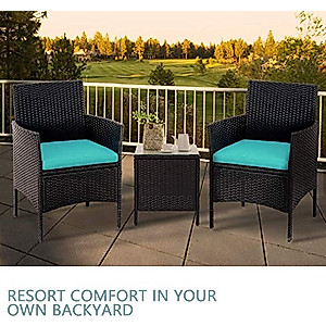 Cemeon 3-Piece Patio Bistro Set Outdoor Conversation Set, Black Wicker Porch Chairs Set Garden Furniture with Coffee Table (Blue Cushion)