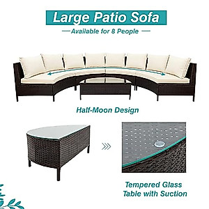 SLNFXC 5 Pieces Brown PE Rattan Wicker Sofa Set Outdoor Patio Sectional Furniture Set Half-Moon Sofa Set with Table