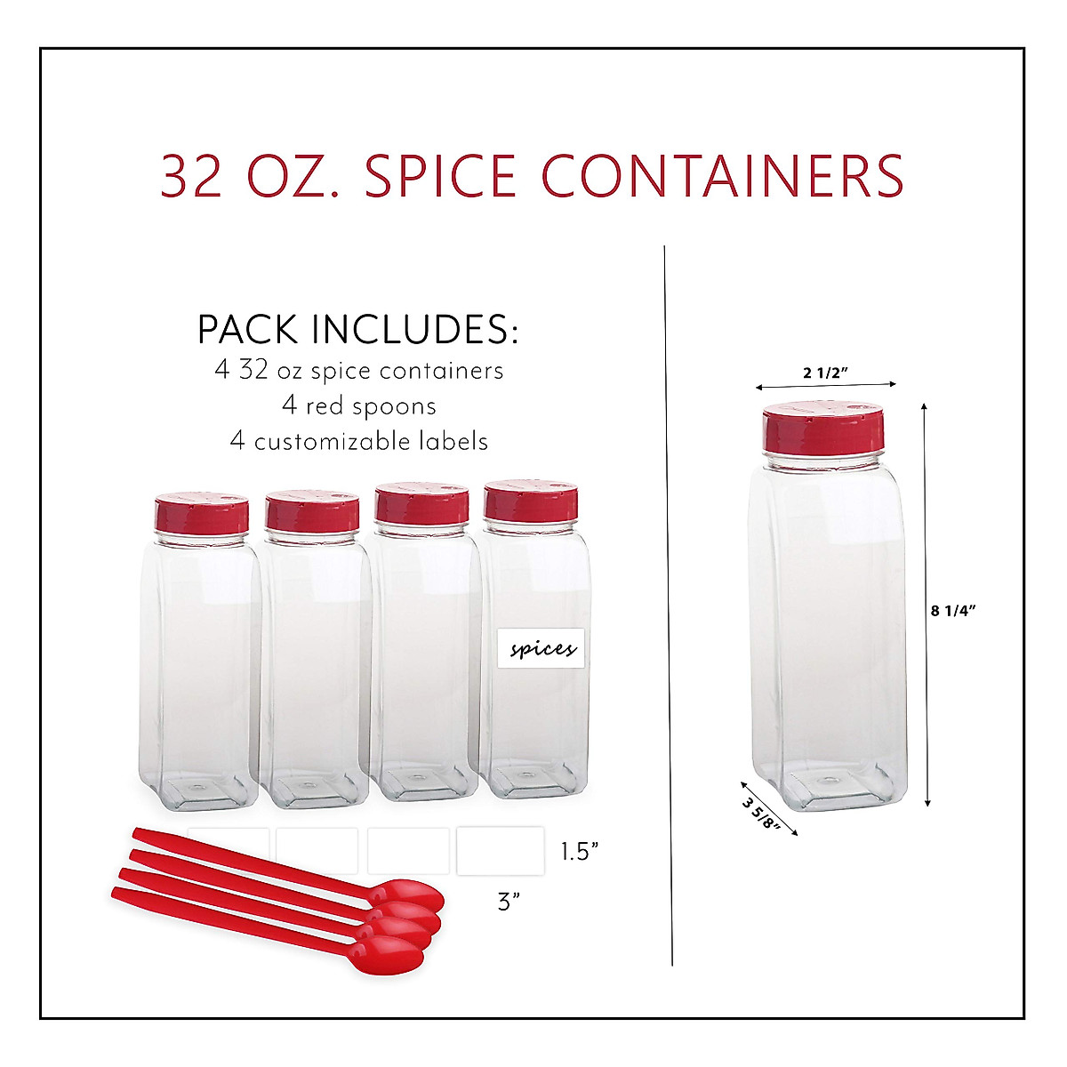 Upper Midland Products 4 Pack 32 Oz Large Spice Seasoning Shaker Containers Jars Plastic With Red Dual Flip Top Sided Lid, 4 Long Spoons And Labels