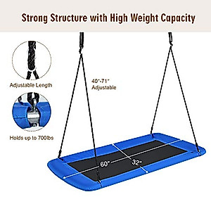 Costzon 700lb Giant 60'' Platform Saucer Tree Swing Set for Kids and Adult, Wear- Resistant Indoor/Outdoor Rectangle Swing w/Durable Steel Frame and 2 Hanging Straps for Porch, Backyard (Blue)